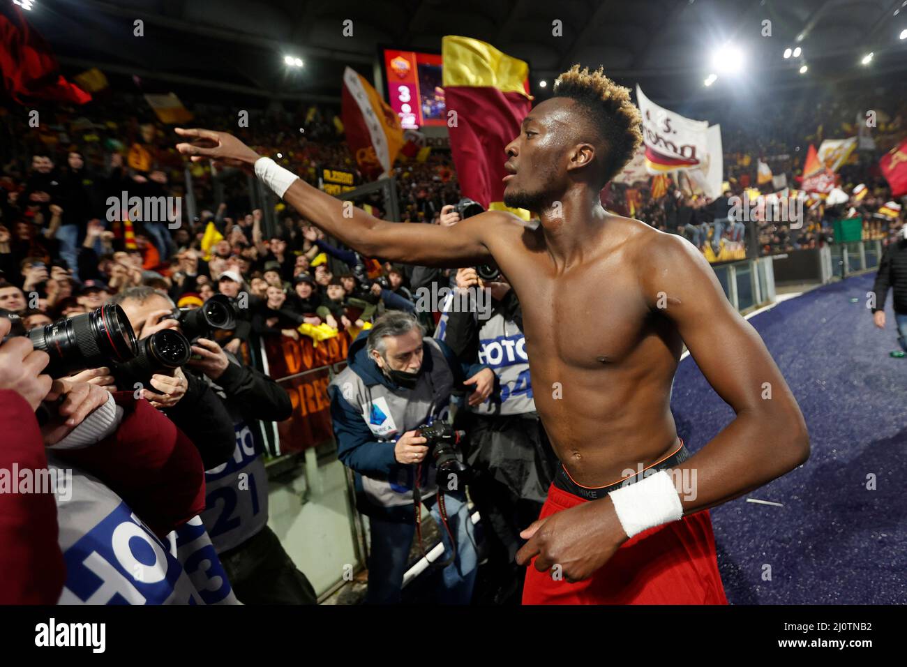 Rome, Italy. 20th Mar, 2022. Tammy Abraham, of AS Roma, celebrates with ...