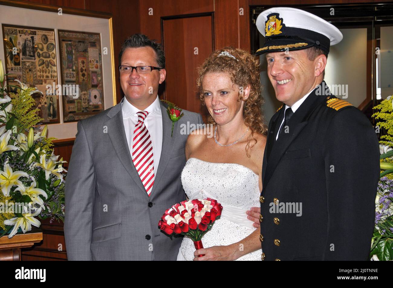 Newly-married couple with Captain, P&O Oceana Cruise Ship, North Sea ...
