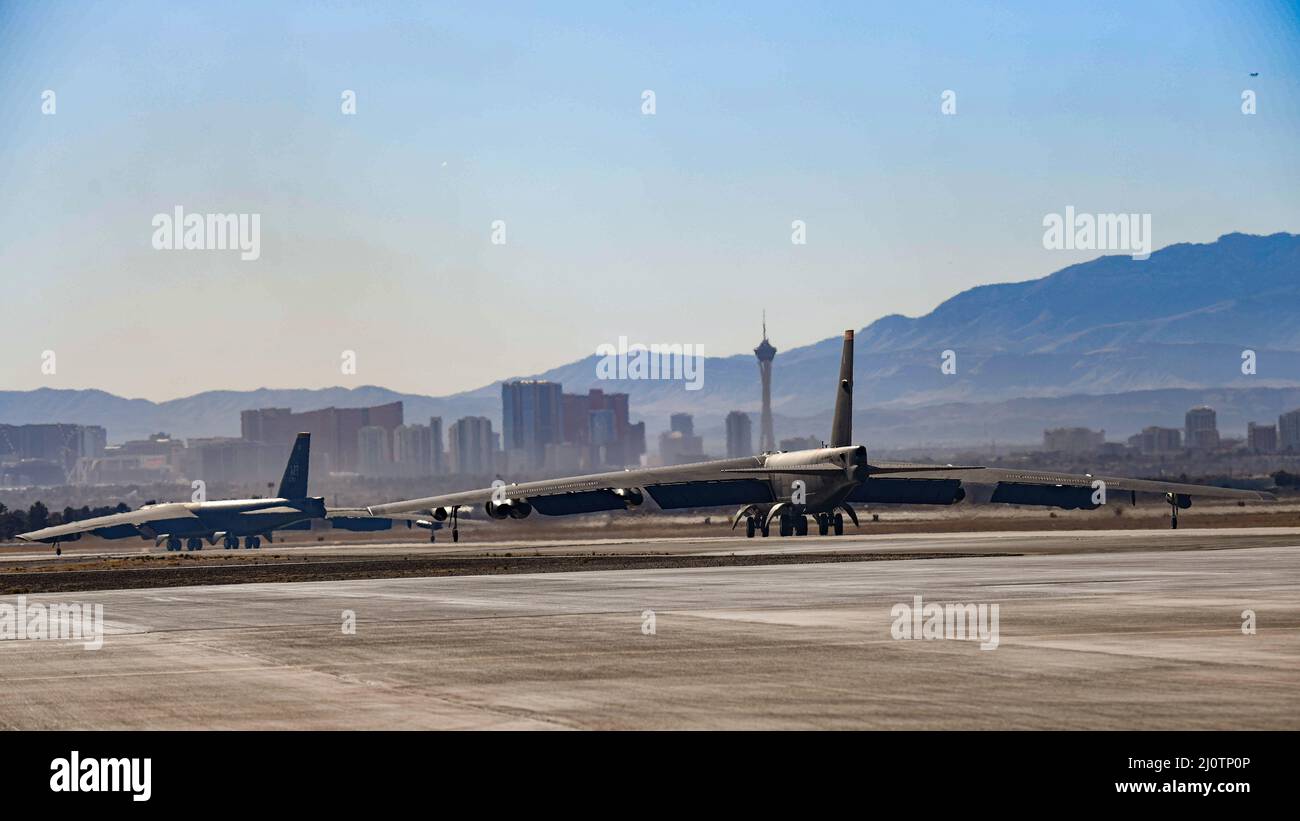 Two Minot Air Force Base 5th Bomb Wing B-52H Stratofortresses taxi on ...