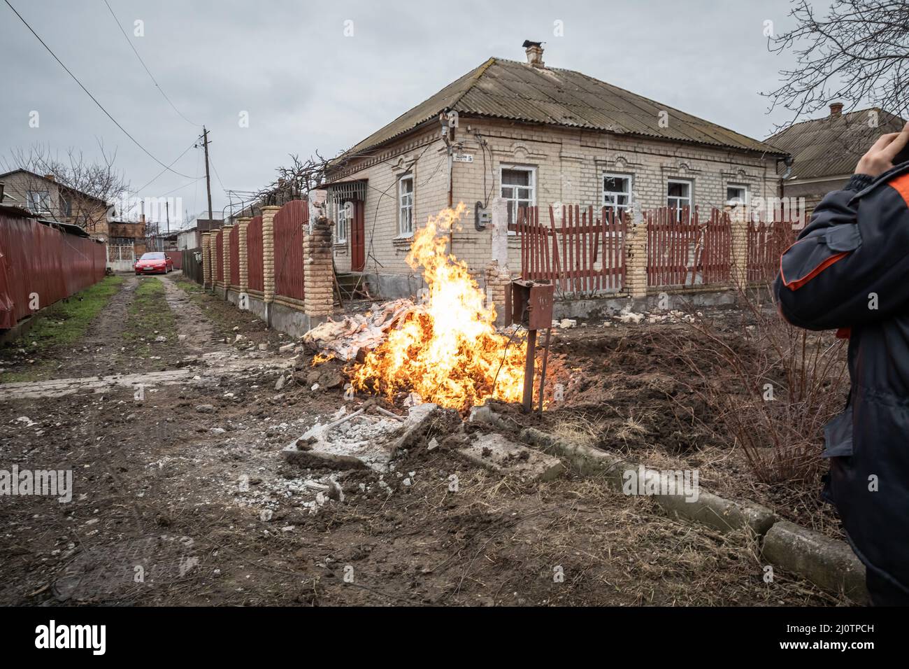 Burning place gas after being hit by a rocket Stock Photo - Alamy