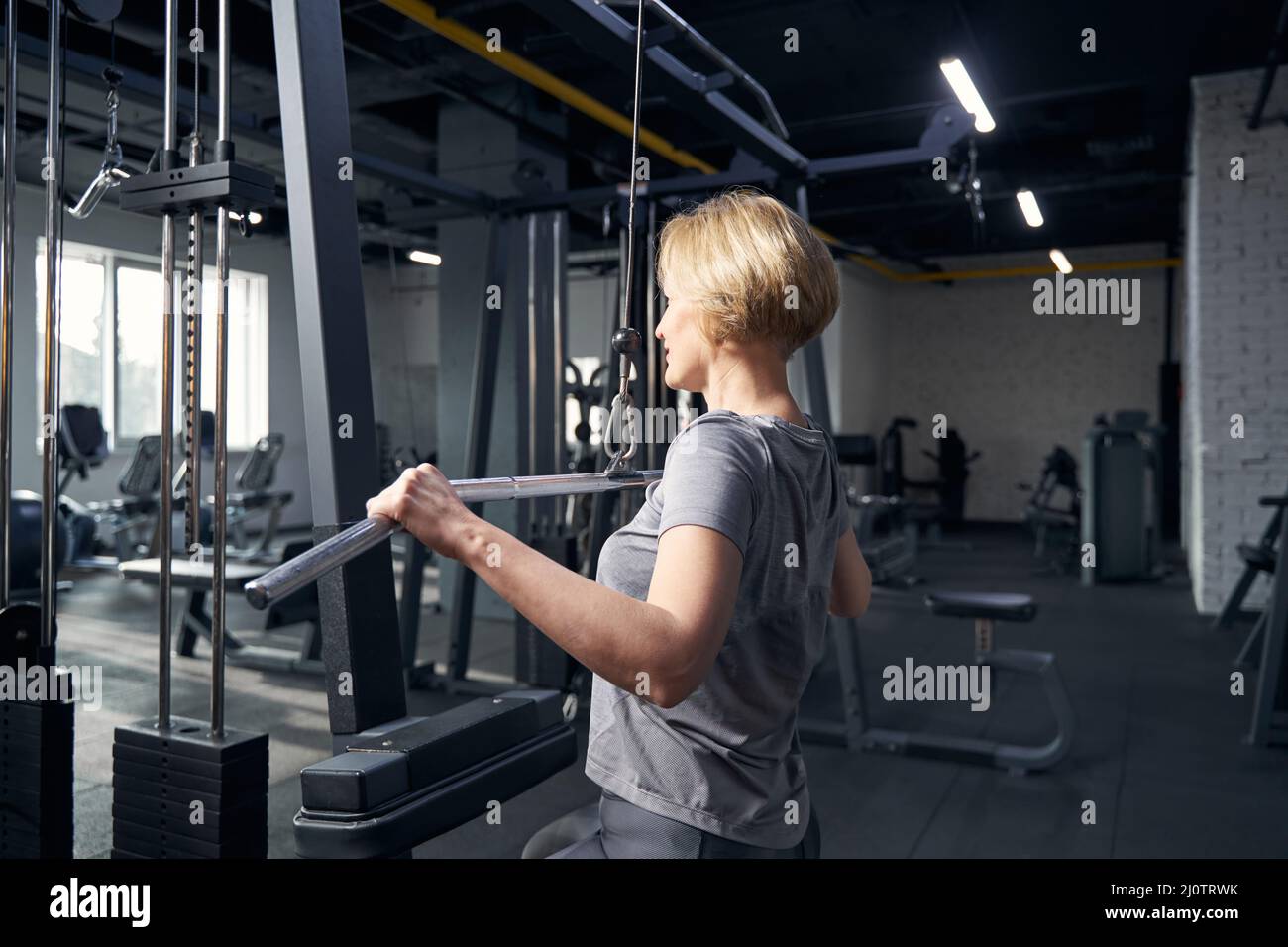 Woman using gym equipment during strength workout Stock Photo - Alamy