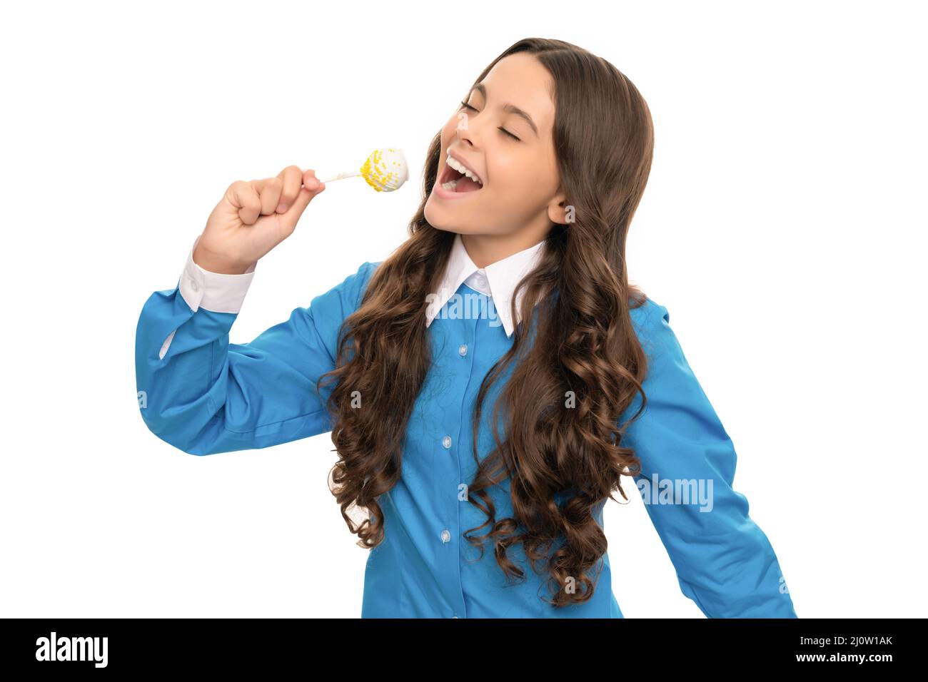 yummy. glad girl isolated on white. happy child with chocolate. kid ...