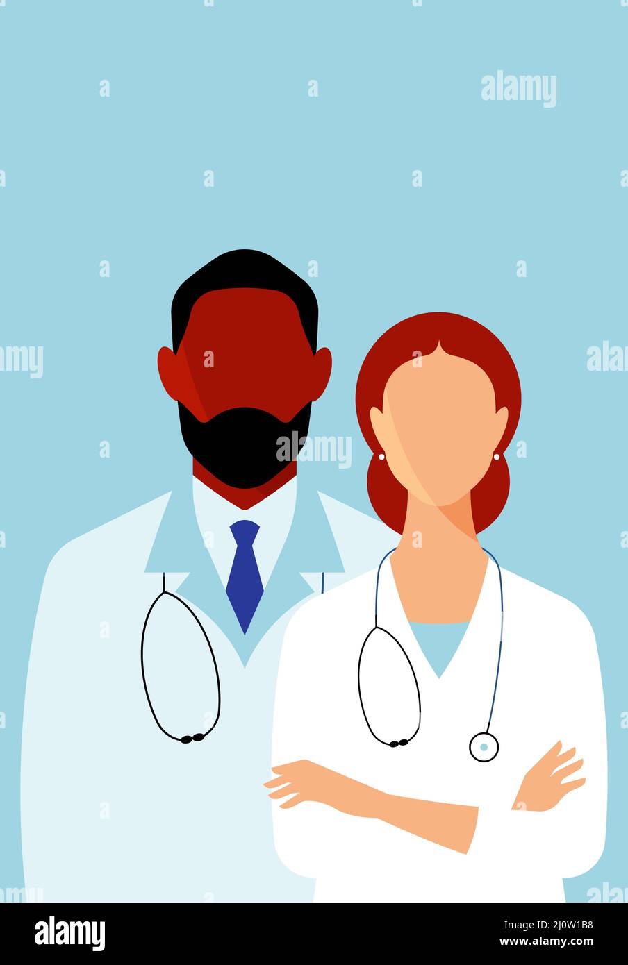 Two doctors with stethoscopes. Black man and white woman in medical ...