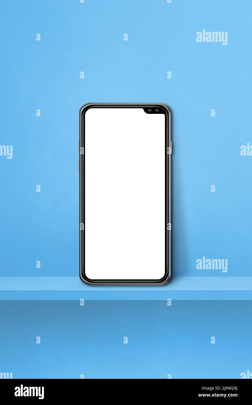 Mobile phone on blue wall shelf. Vertical background Stock Photo - Alamy