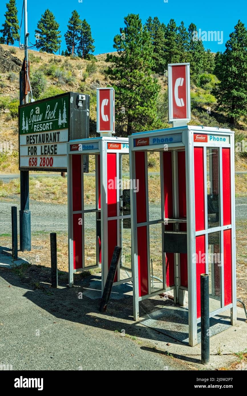Two red phone booths at the Squaw Rock Resort in Cliffdell, Washington ...