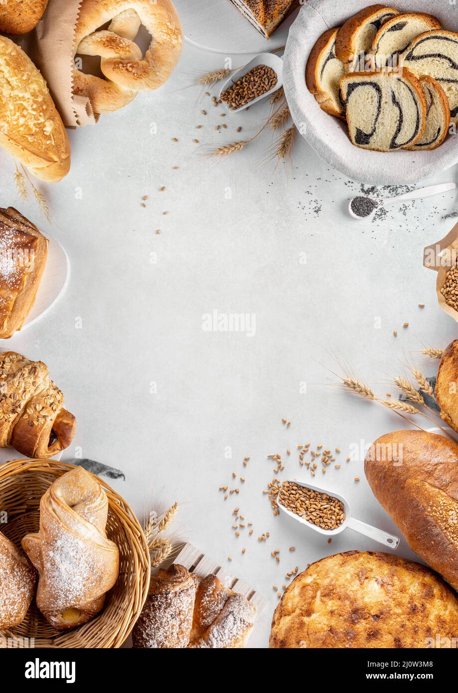 Homemade freshly bakery products on a fray background from the top view ...