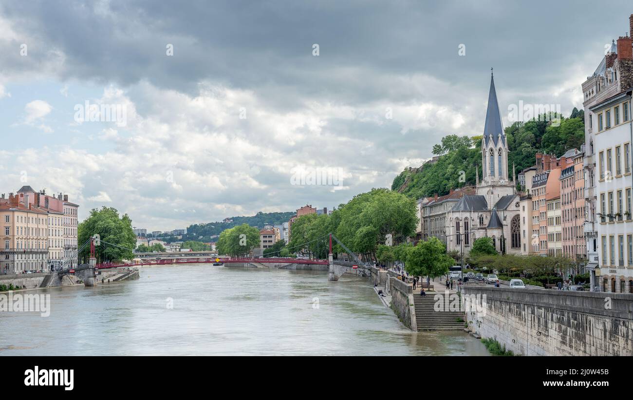 Beautiful view of historic Saint George Church of Lyon and the red ...
