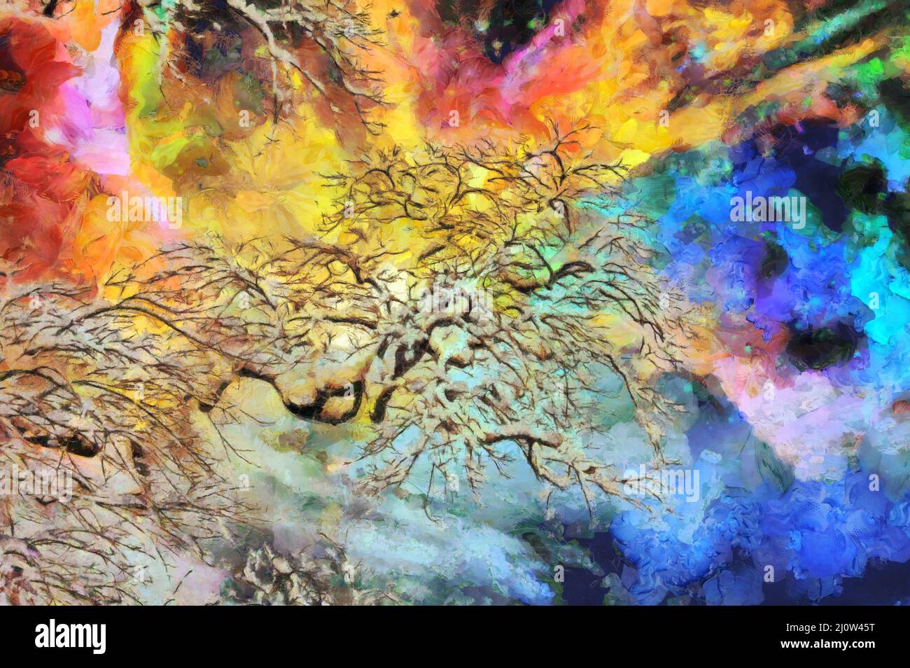 Abstract painting. Tree branch on a colorful background. 3D rendering ...