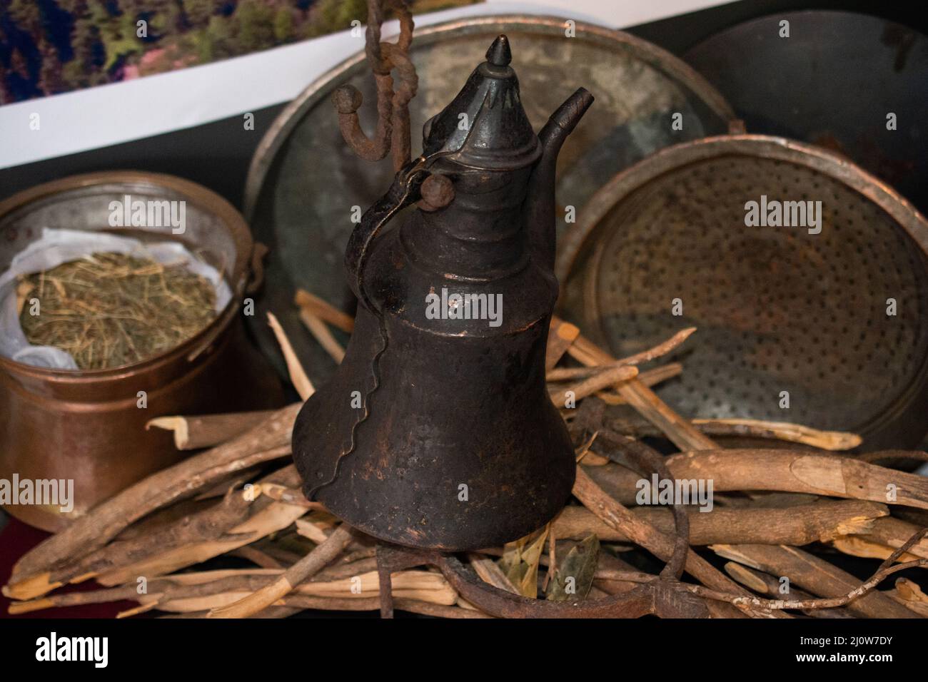 Very old style metal ewer water jar in view Stock Photo - Alamy