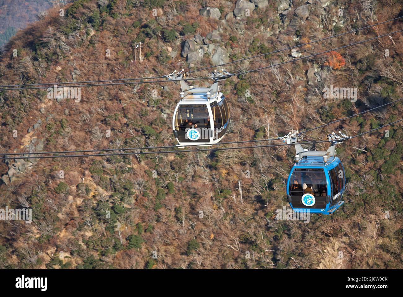 Gondolas of the Hakone Ropeway aerial tram. Hakone, Kanagawa. Honshu ...