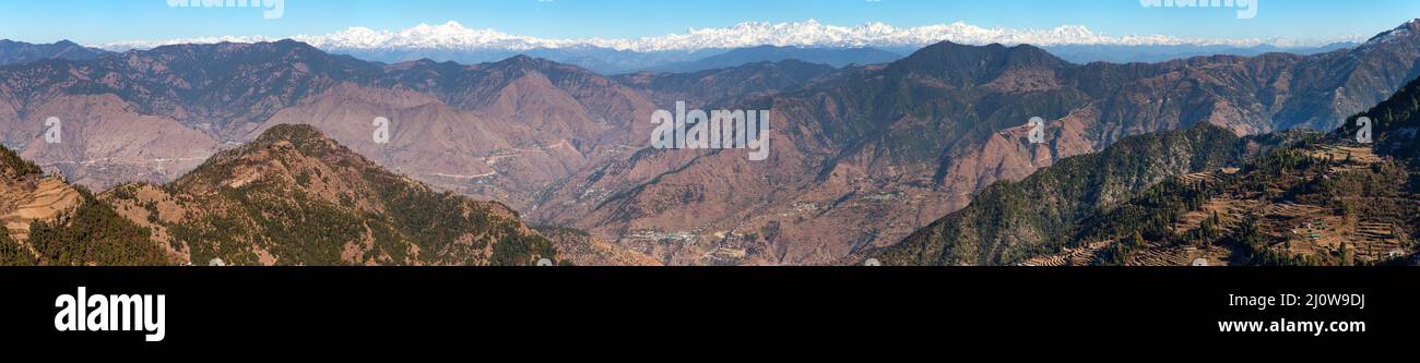 Himalaya, panoramic view of Indian Himalayas mountains, great Himalayan range, Uttarakhand India ...