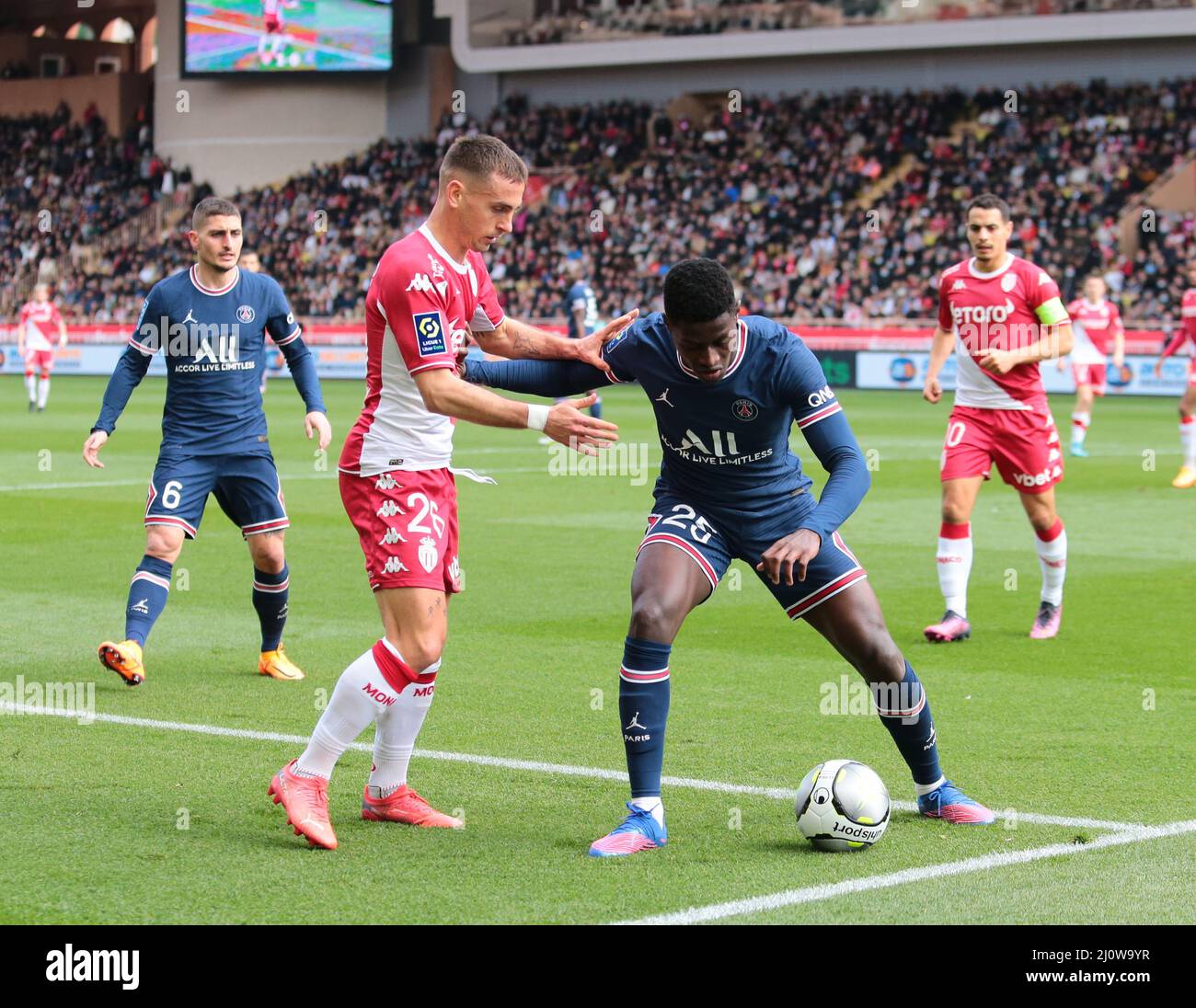 Monaco. 20th Mar, 2022. Ruben Aguilar of As Monaco and Nuno Mendes of ...