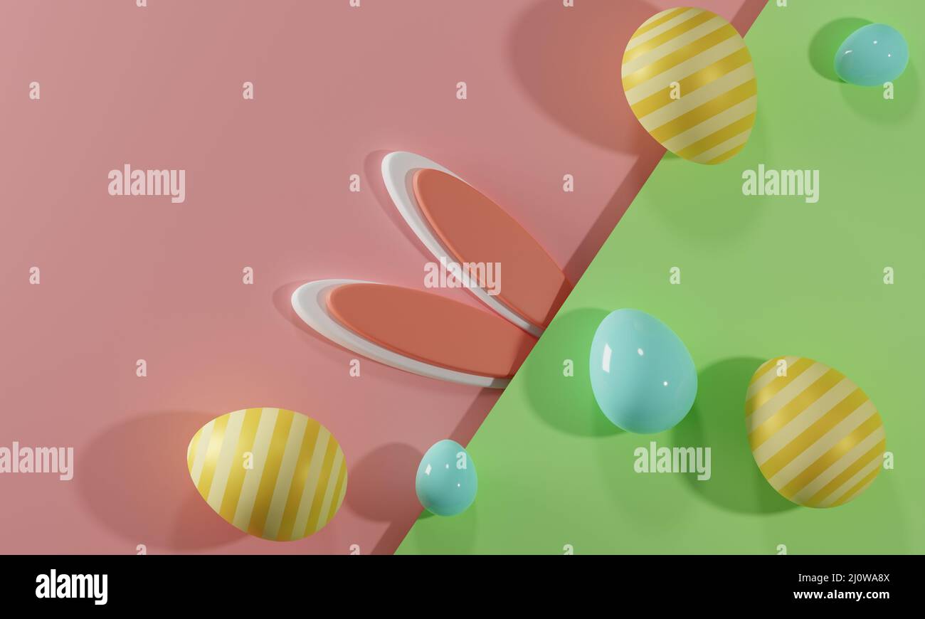 3D Easter greeting card. Happy Easter. Painted Easter eggs and bunny ...