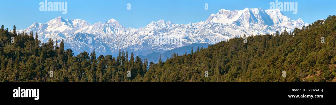 Mount Chaukhamba and woodland, Himalaya mountain, panoramic view of Indian Himalayas, great ...