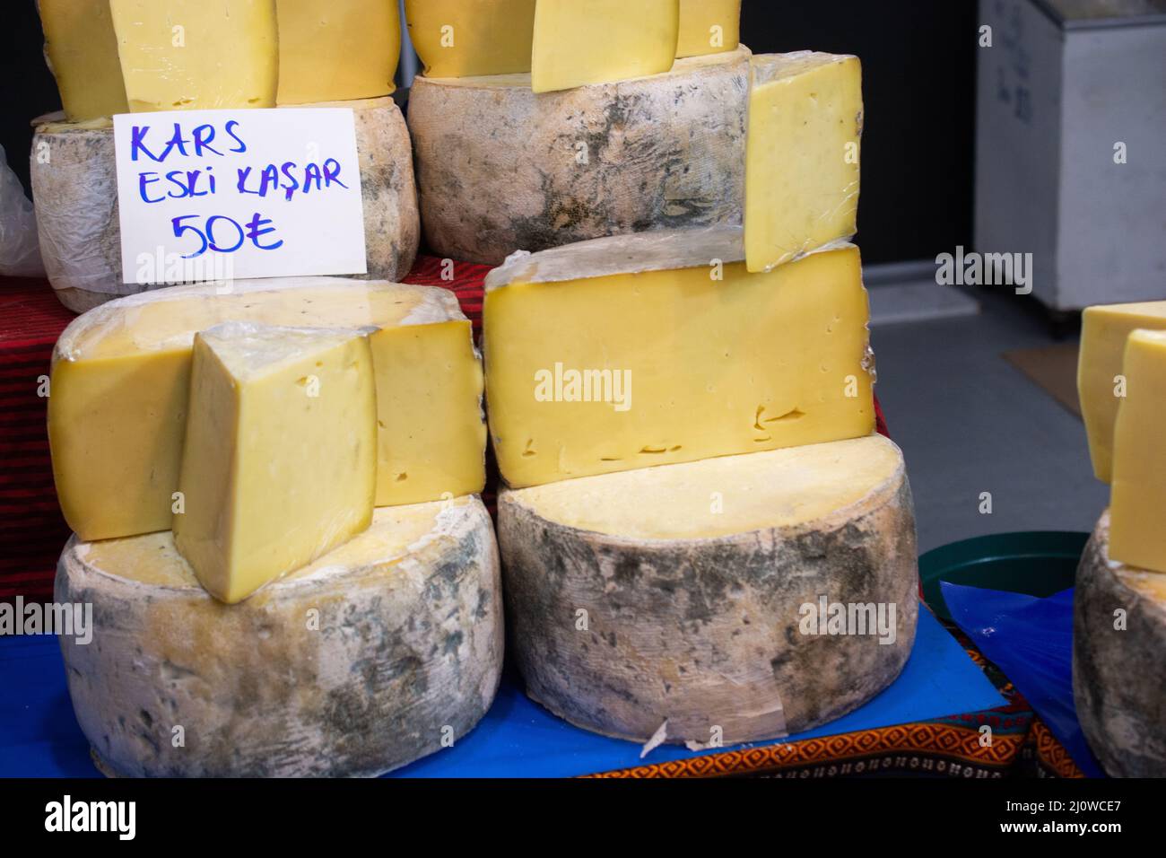 cuts of kashkaval or kasseri cheese for sale on the shelf Stock Photo ...