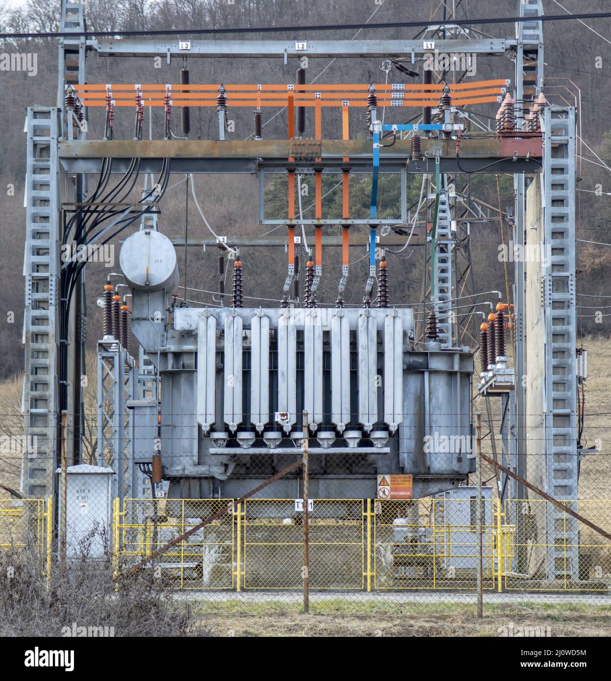 High voltage electrical transformer substation. Power station. Power ...