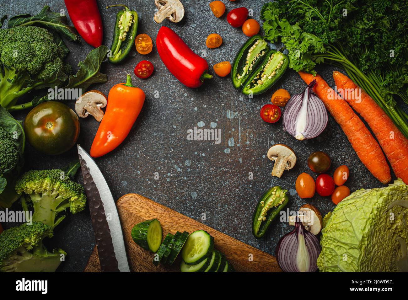 Food cooking background with assorted fresh vegetables on rustic ...