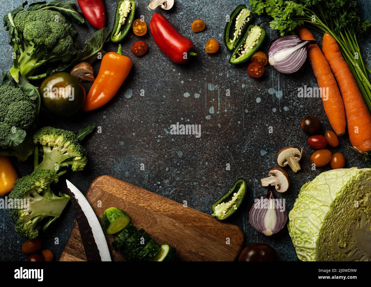 Food cooking background with assorted fresh vegetables on rustic ...