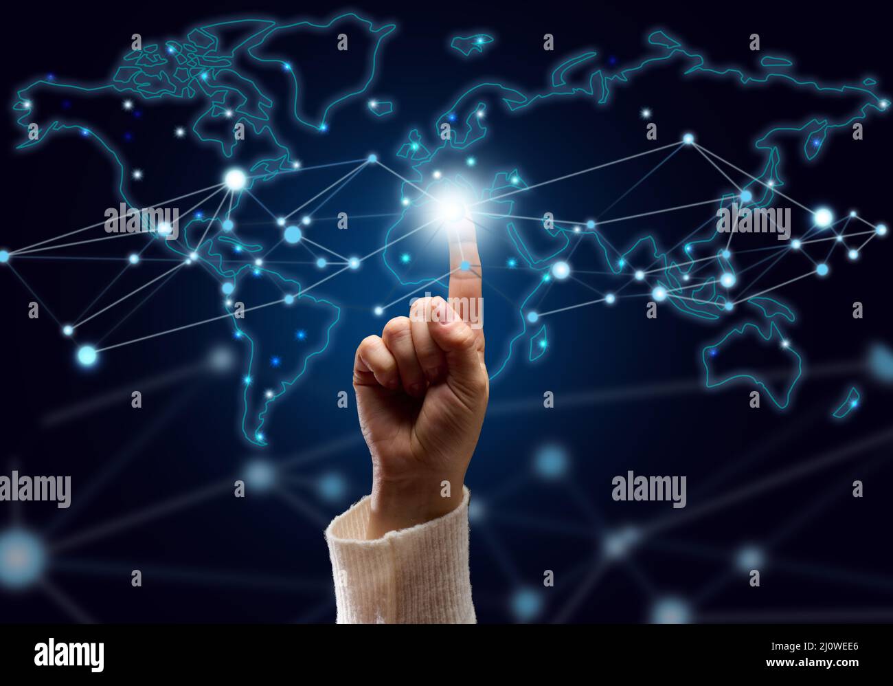 Female hand presses on the connection point and holographic global ...