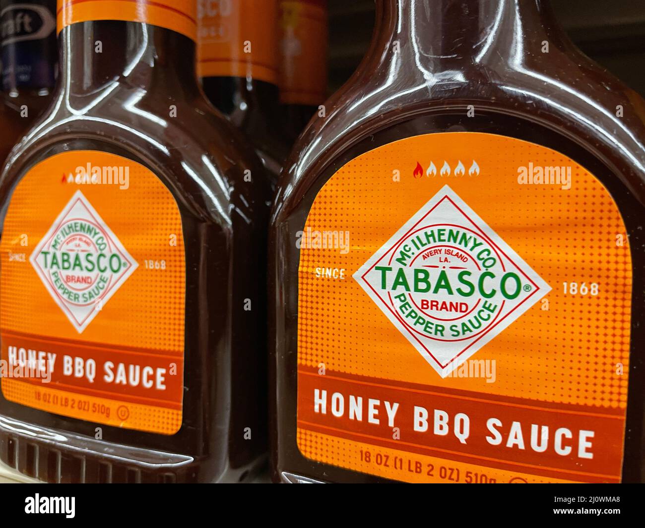 Grovetown, Ga USA - 03 19 22: Retail store shelf Tabasco BBQ sauce side ...