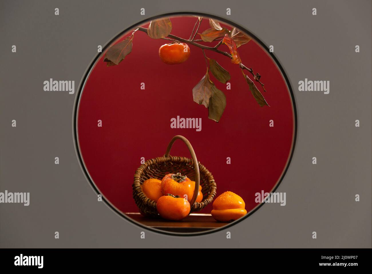 Creative circular persimmon still life through landscape Stock Photo ...