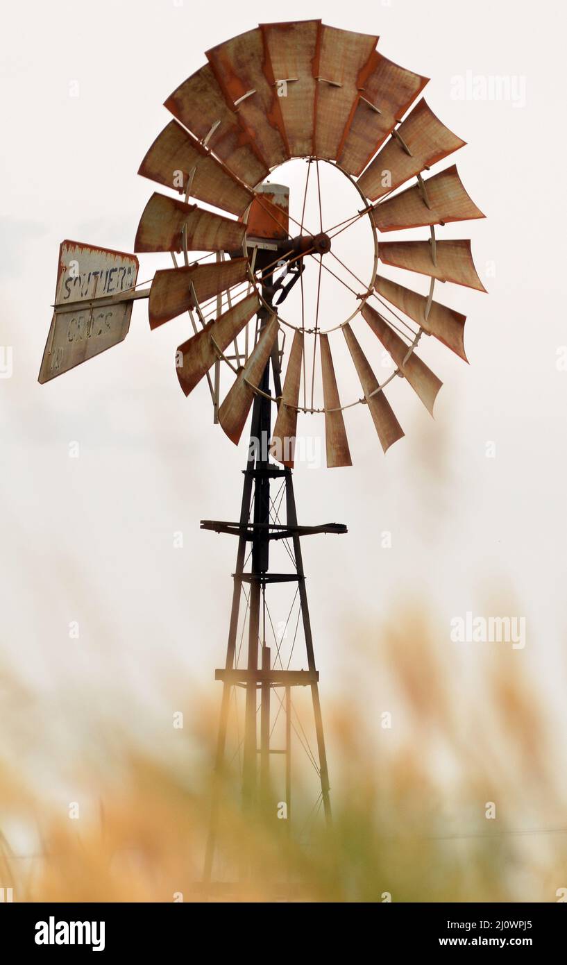 Older Southern Cross irrigation wind pump on a rural property in ...