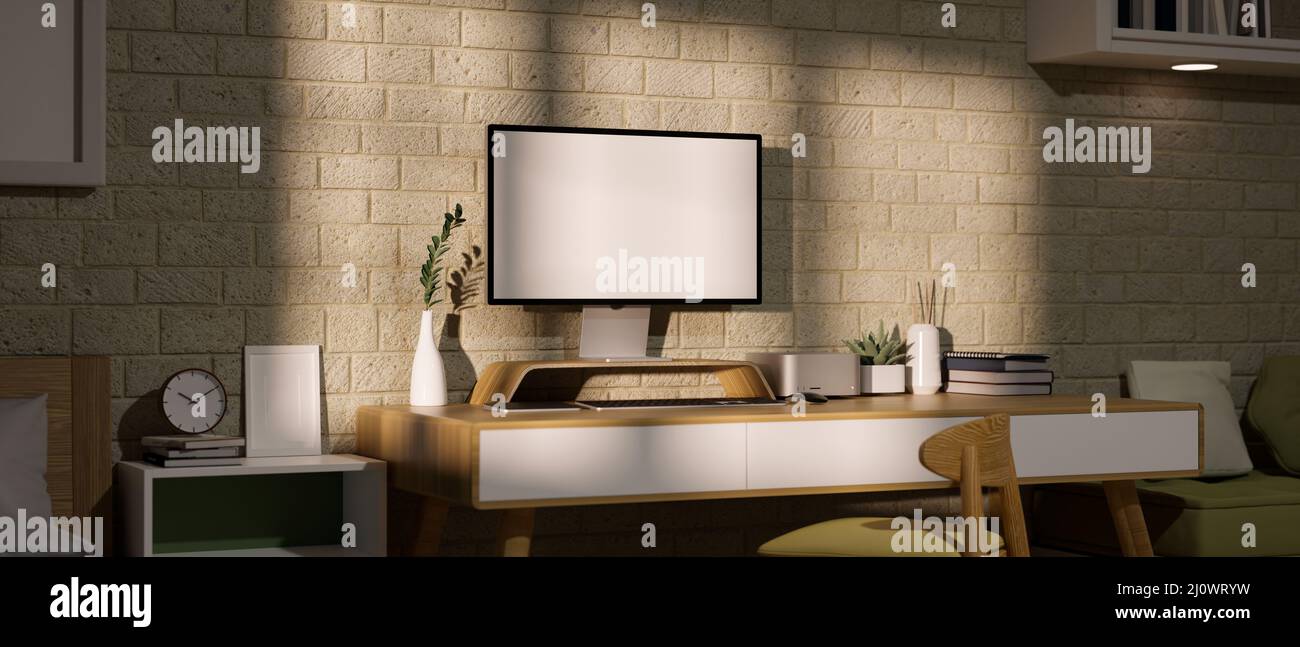 Modern contemporary office desk interior with computer white screen ...