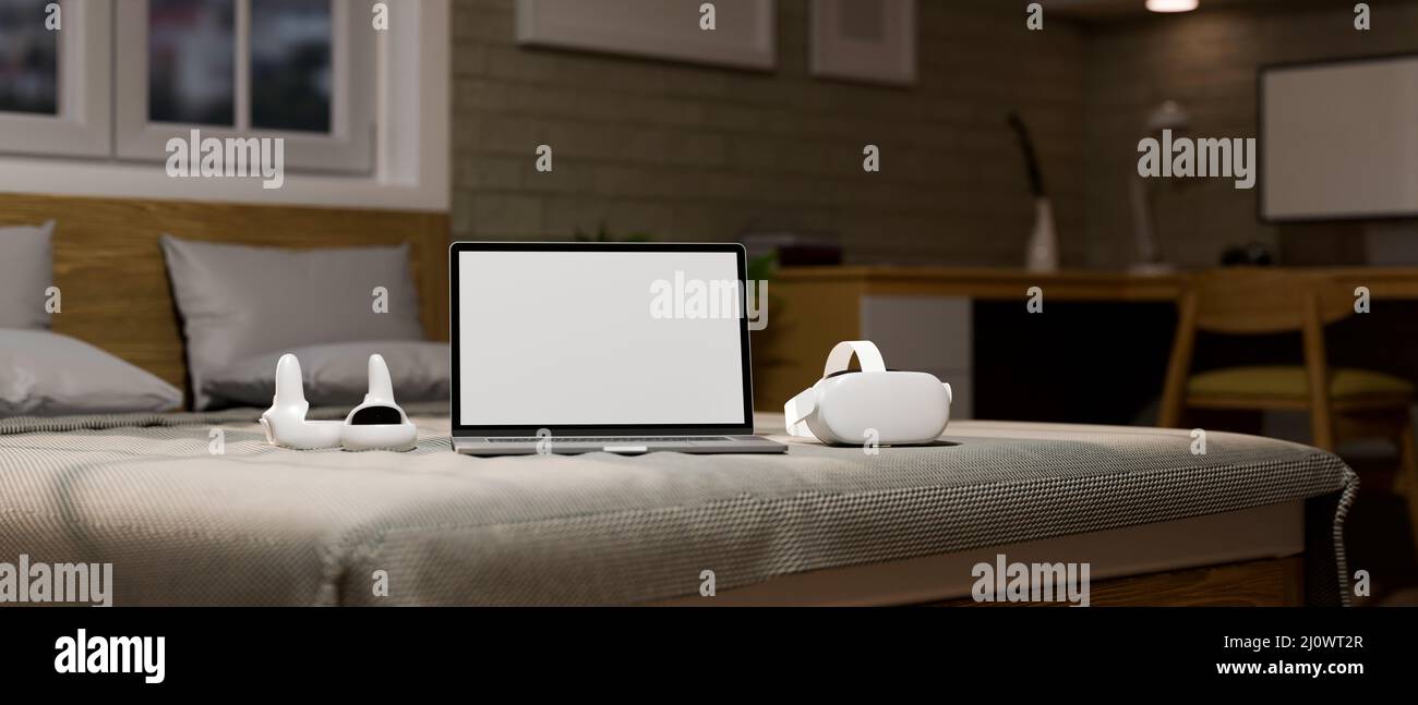 Bedroom background with modern gadgets concept, Laptop white screen ...