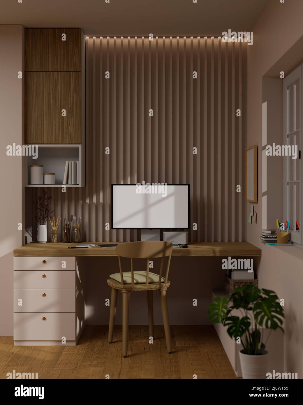 Workstation with pc computer white screen mockup and office accessories ...