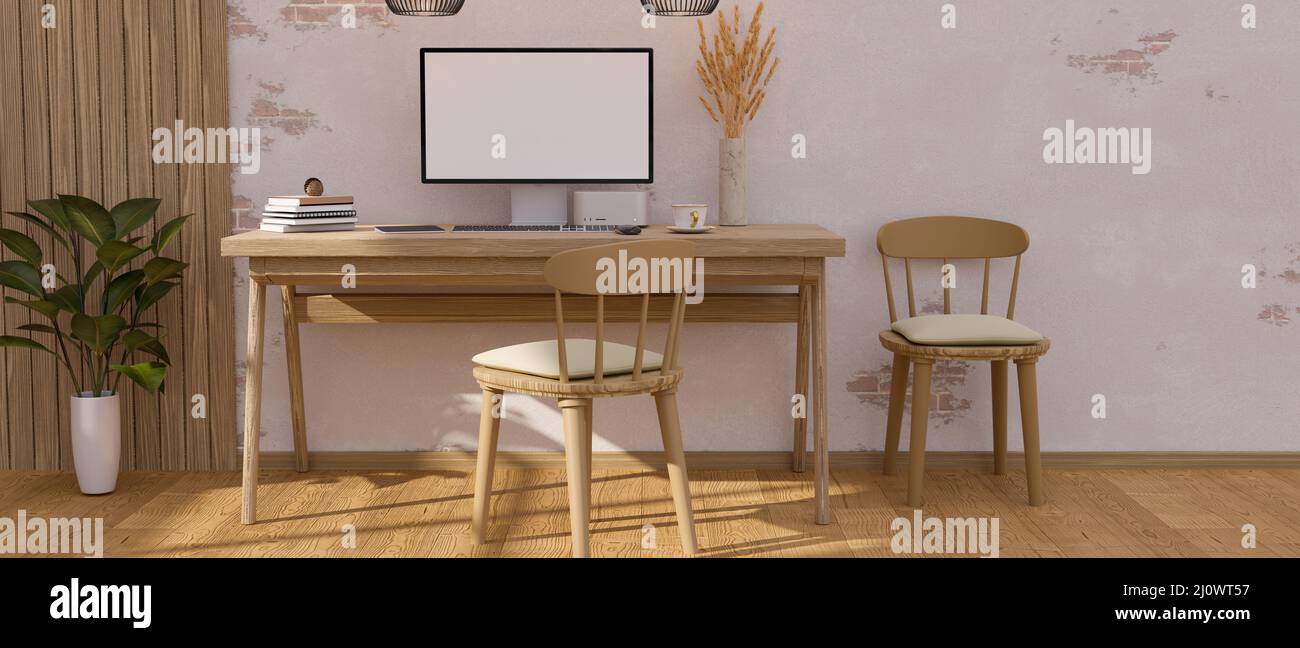 Minimal and comfortable office interior with computer white screen ...