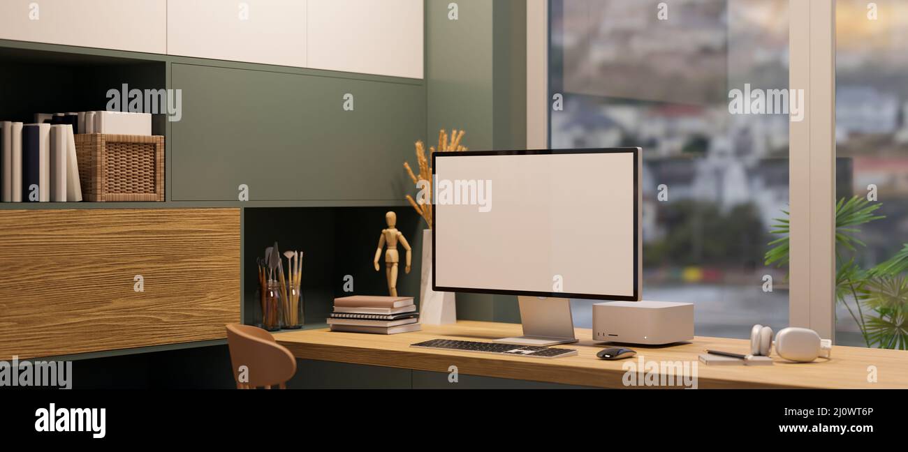 Modern contemporary office interior with PC desktop computer white ...