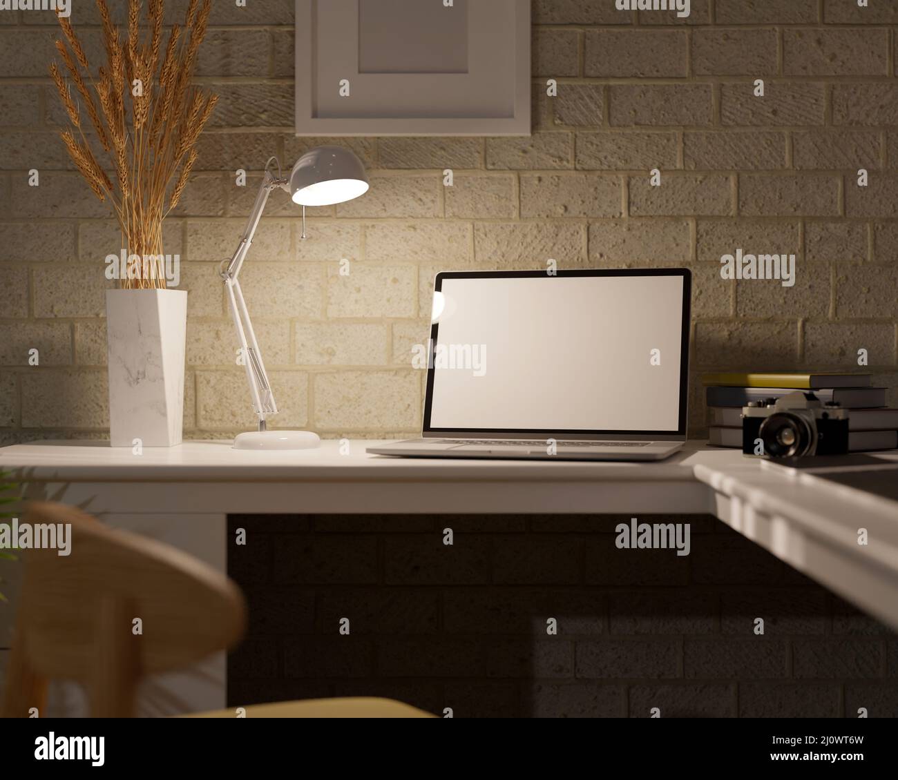 Close-up, Modern dark home office workspace with notebook laptop ...