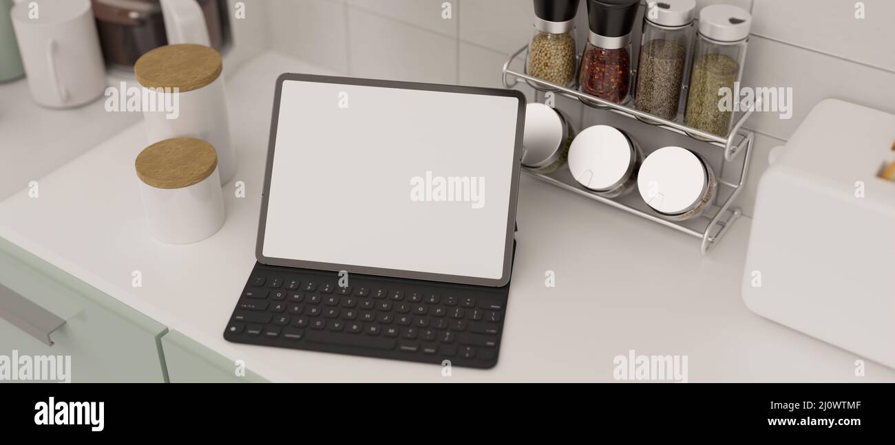 Potable digital tablet with wireless keyboard white screen mockup on ...