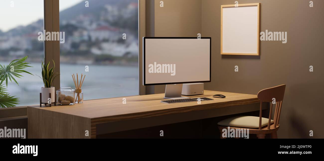 Modern workspace interior background with blank screen desktop computer ...