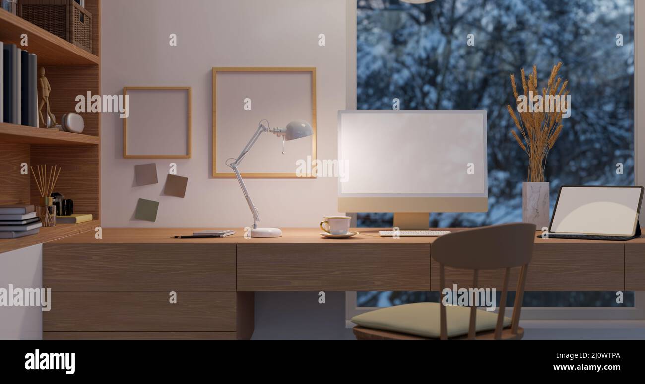 Modern luxury home office room interior with new pc computer white ...