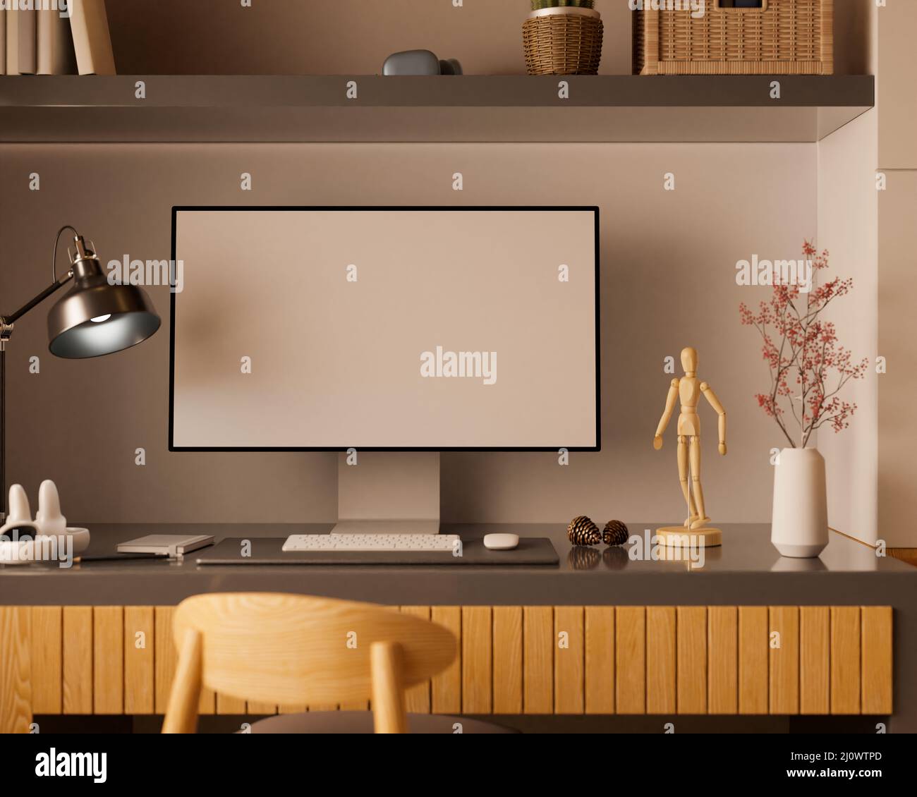 Close-up, Modern computer white screen mockup, supplies and decors on a ...