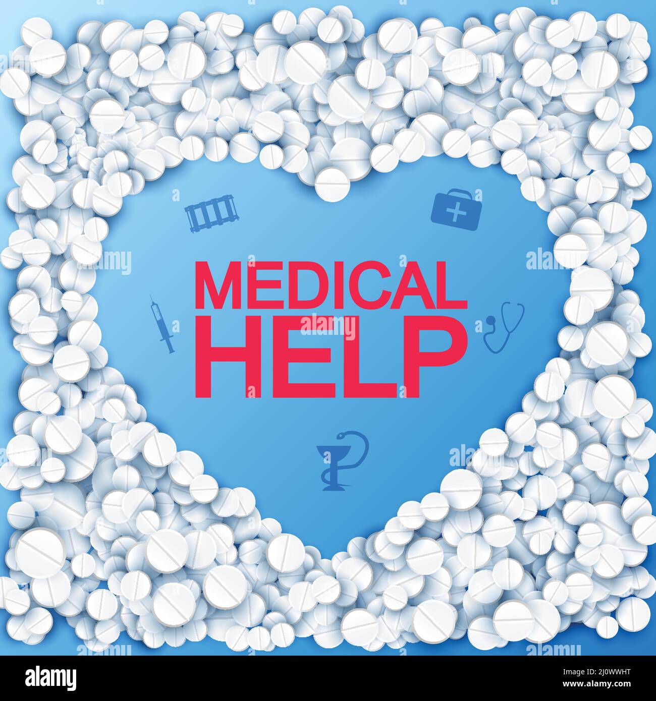 Medical Help background with heart shape pills and icons on blue ...
