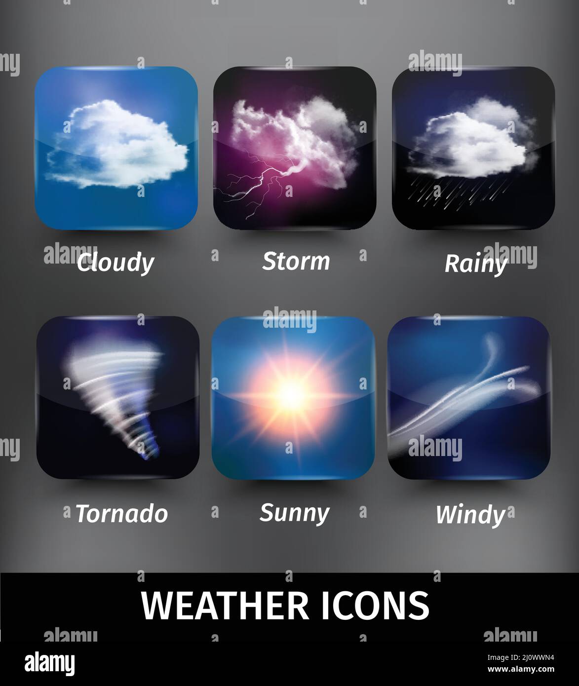 Realistic square weather icon set on cloudy storm rainy tornado sunny ...