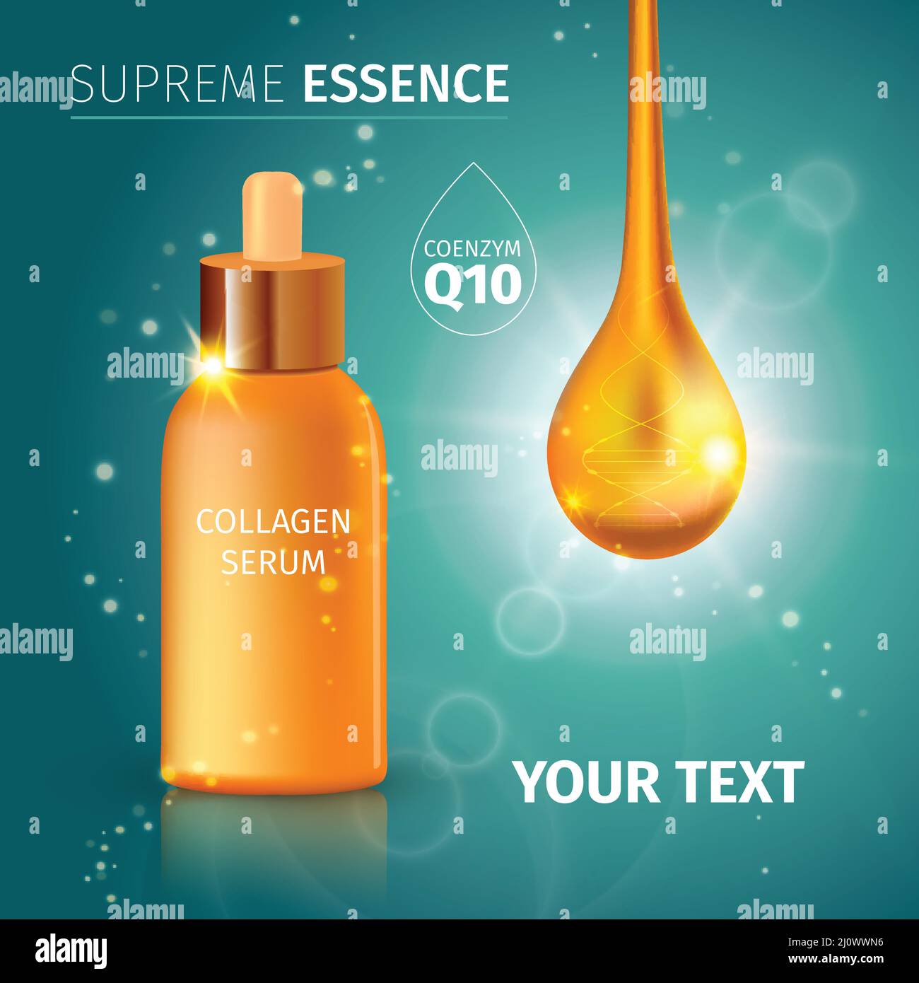 Collagen Serum tubes poster with white title supreme essence lights and ...