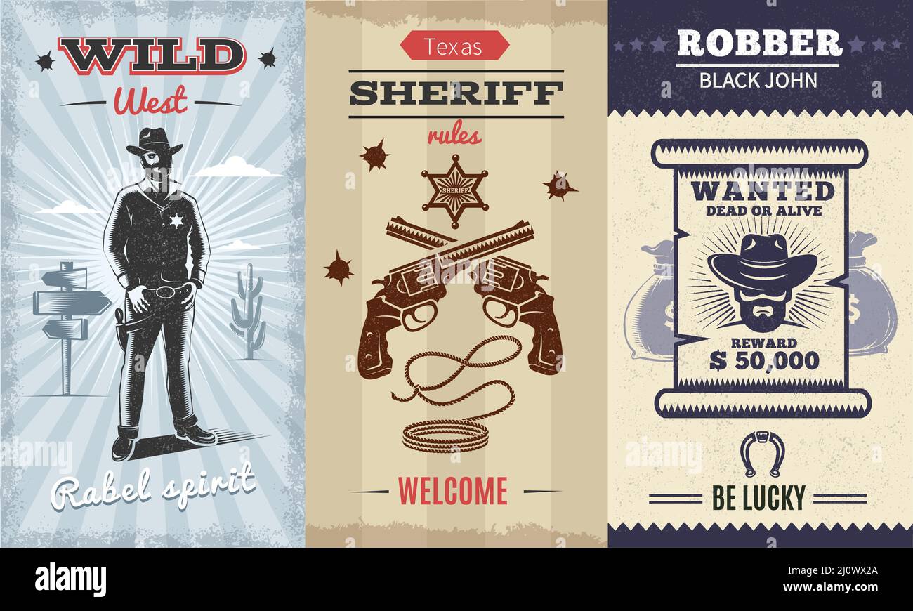 Vintage wild west vertical banners with cowboy on desert landscape ...
