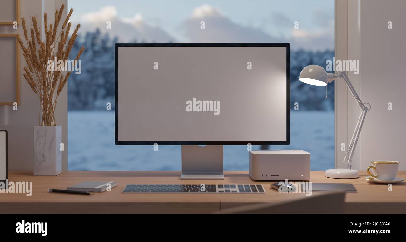 Modern luxury workspace with PC computer white desktop screen mockup ...