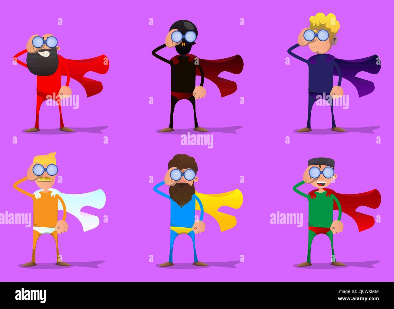 Funny cartoon man dressed as a superhero looking through binoculars ...