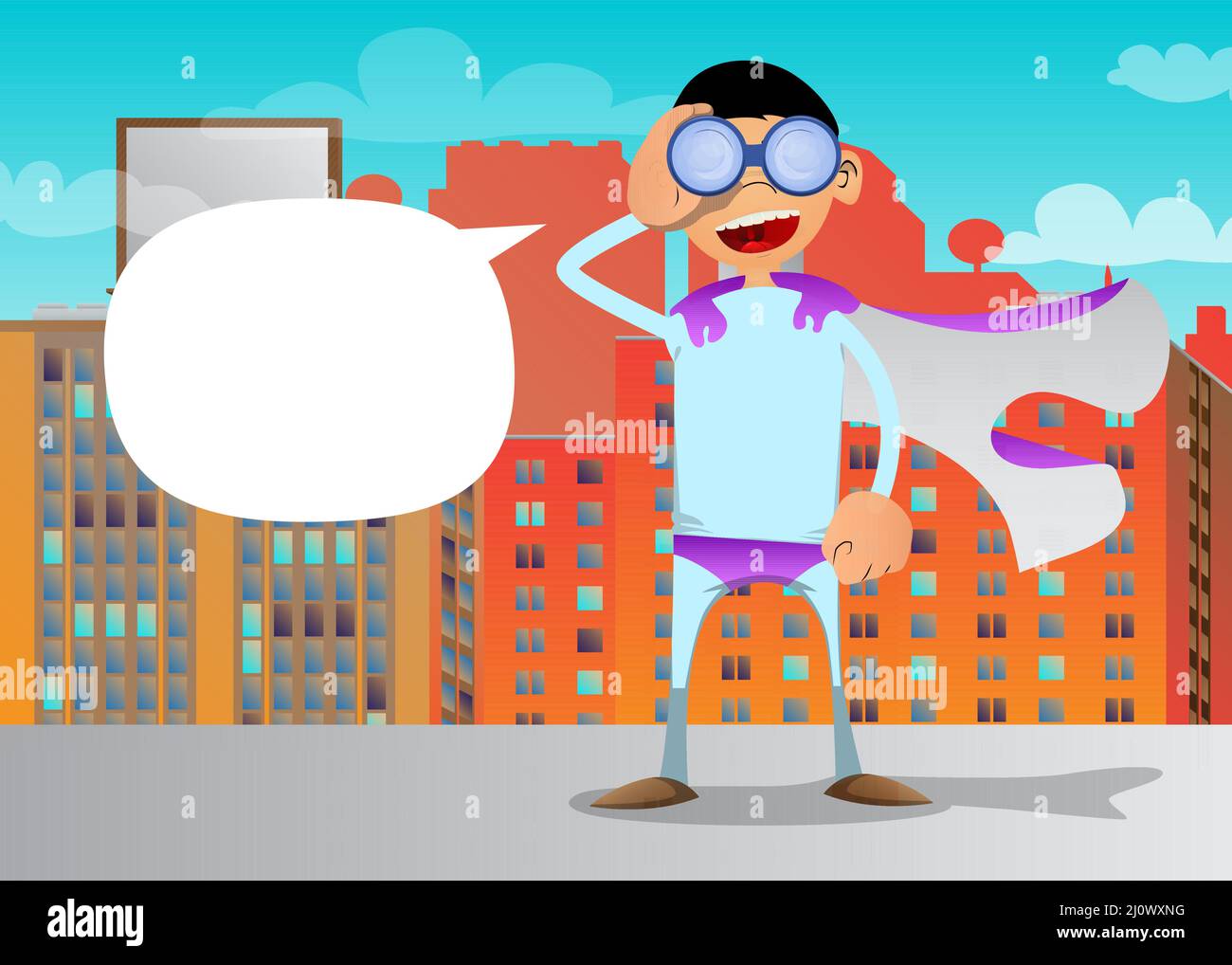 Funny cartoon man dressed as a superhero looking through binoculars ...