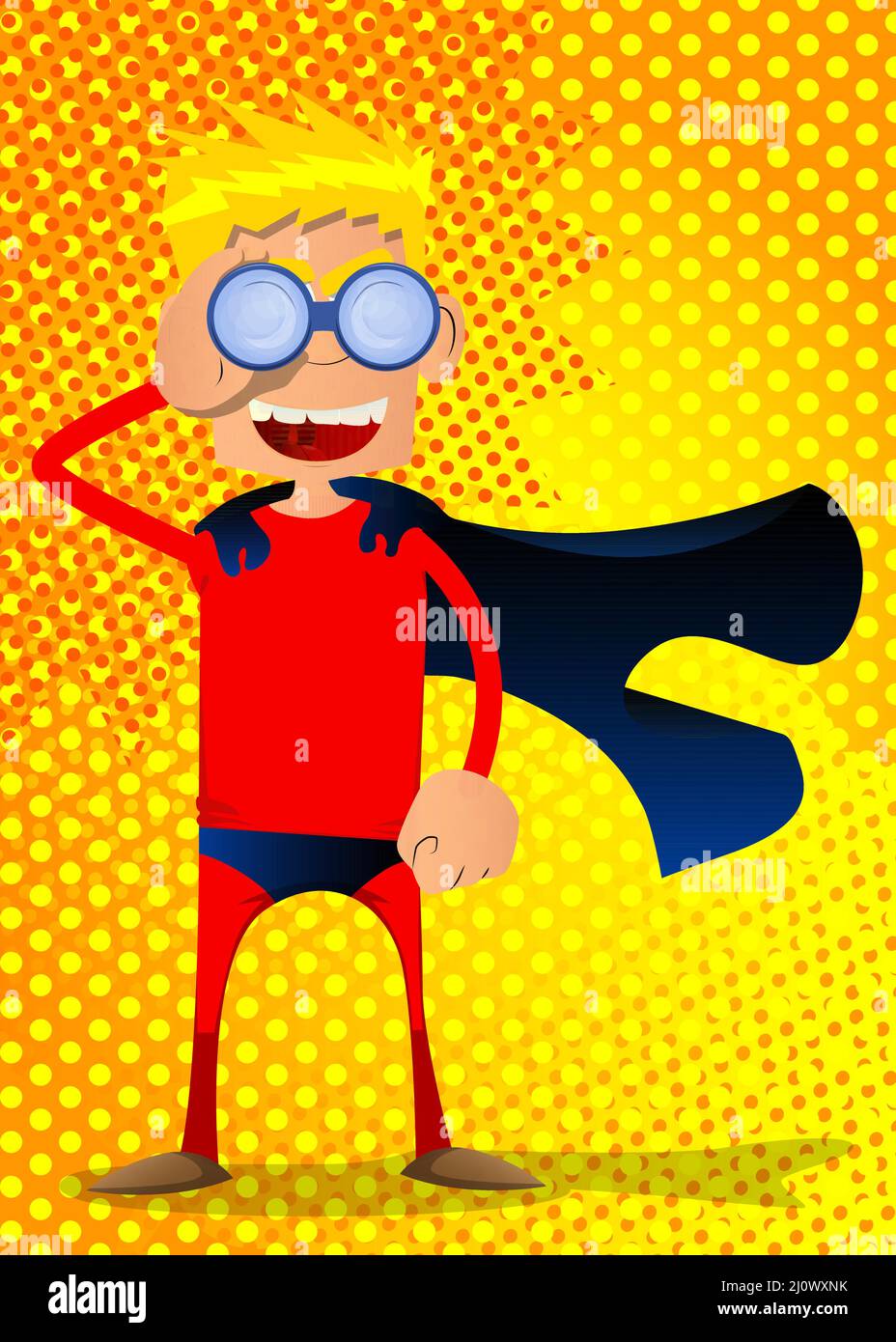 Funny cartoon man dressed as a superhero looking through binoculars ...