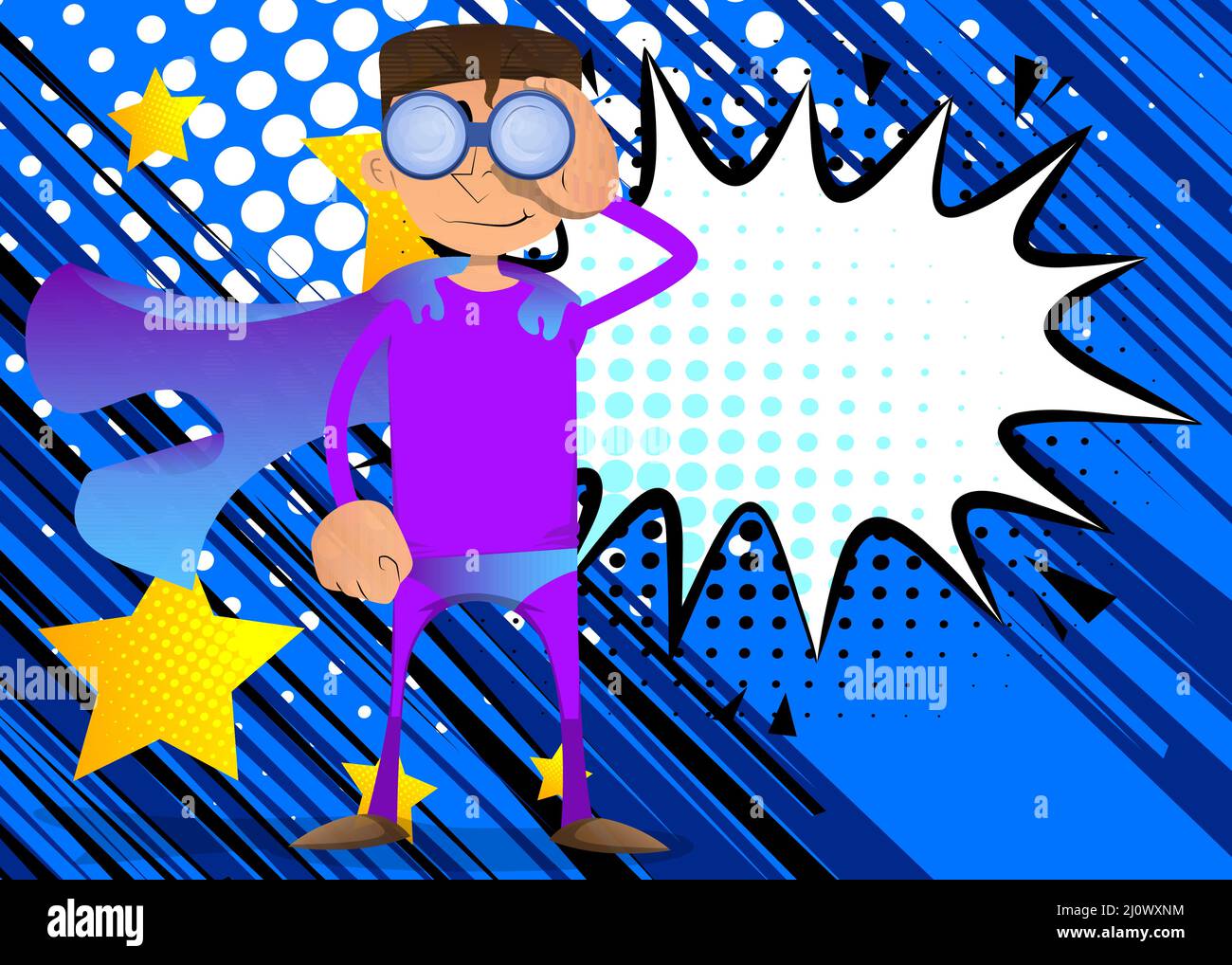 Funny cartoon man dressed as a superhero looking through binoculars ...
