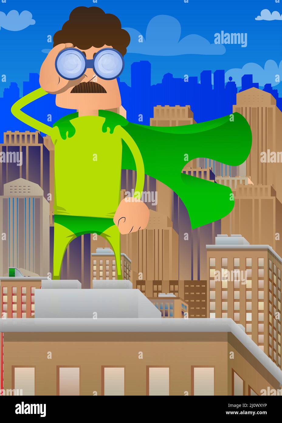 Funny cartoon man dressed as a superhero looking through binoculars ...
