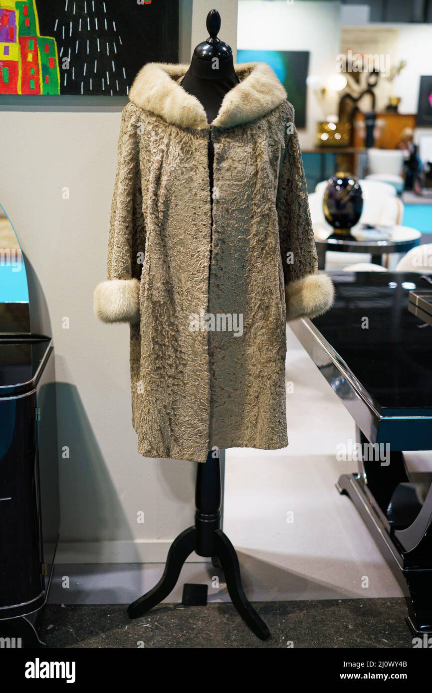 A second-hand fur coat displayed at the ANTIK PASSION Almoneda, a ...
