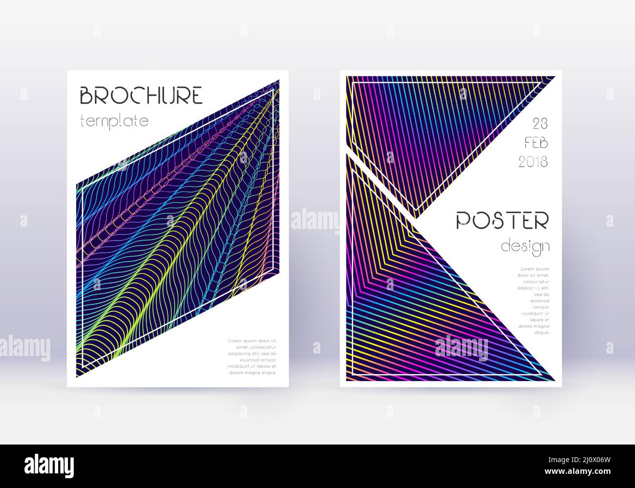 Triangle cover design template set. Rainbow abstract lines on dark blue ...