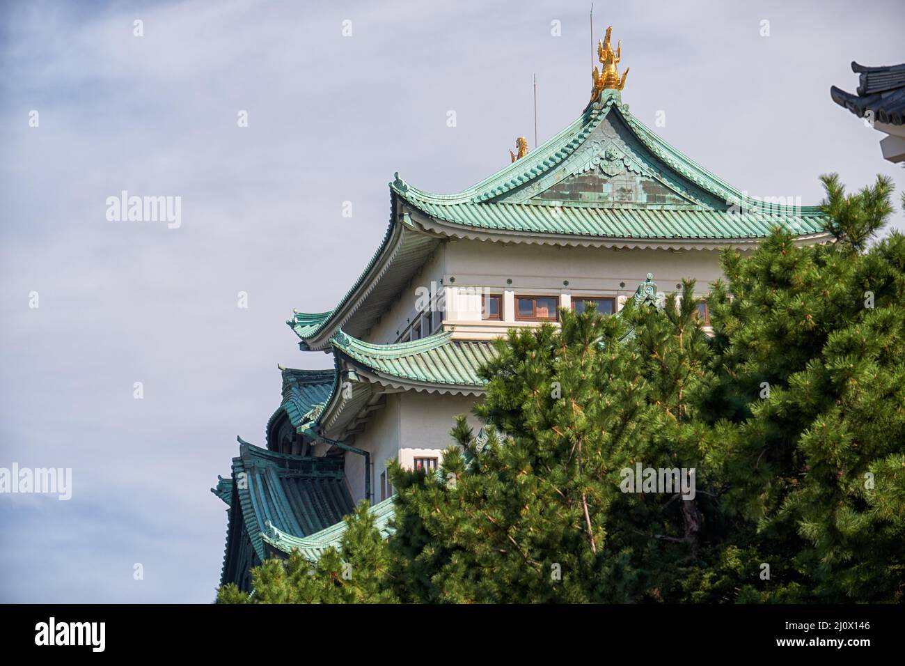 The roof of the main keep of Nagoya castle topped with two golden ...