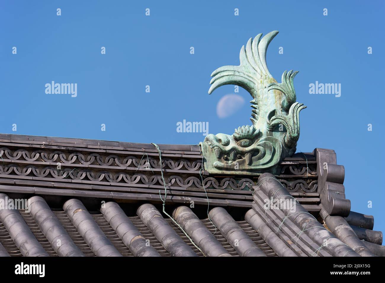 The shachi (kinshachi) on the top of Nagoya castle tower roof. Nagoya ...